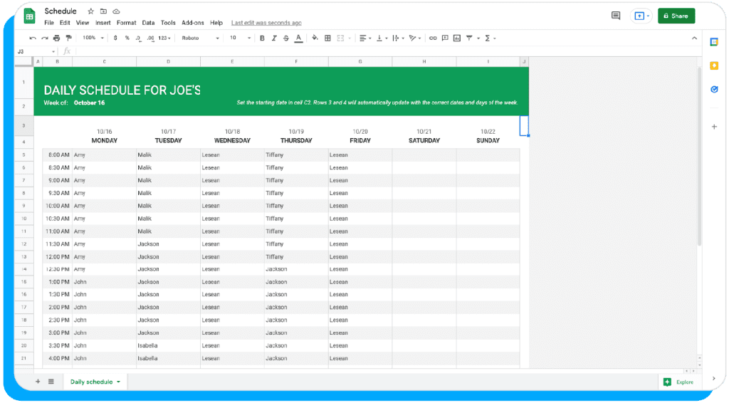 Daily Schedule Template on Google Sheets | ZoomShift