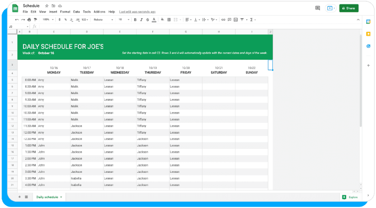 Daily Schedule Template on Google Sheets | ZoomShift